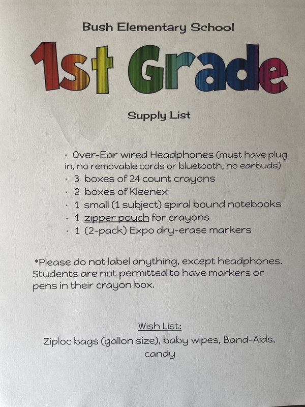 School Supply Lists | Bush Elementary School